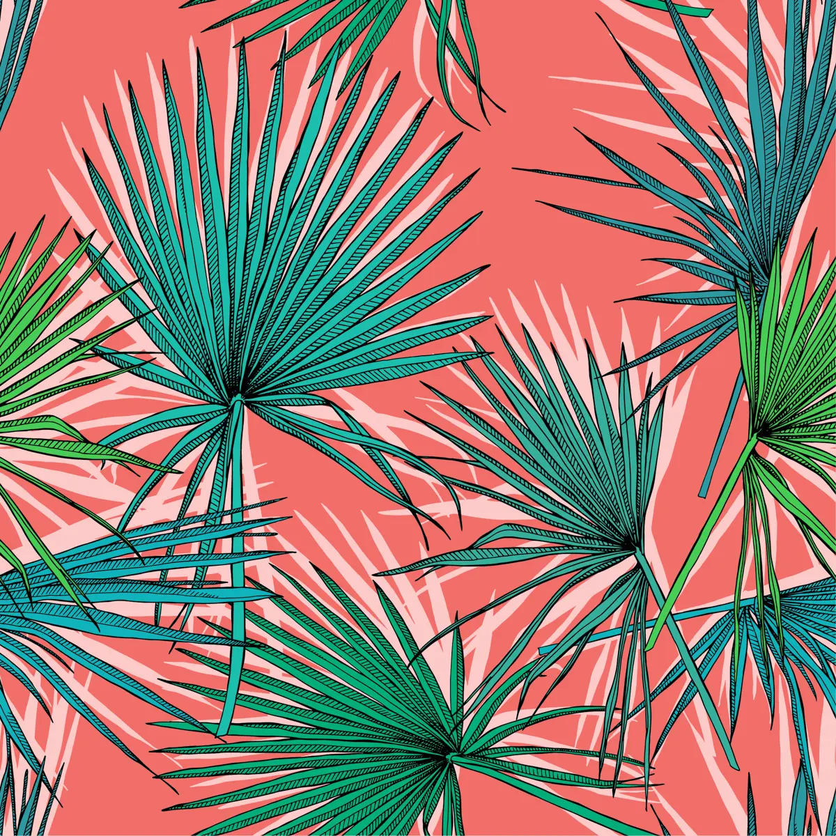 Retro Pink & Green Tropical Leaves Custom Print Mural - DNA Wallpaper