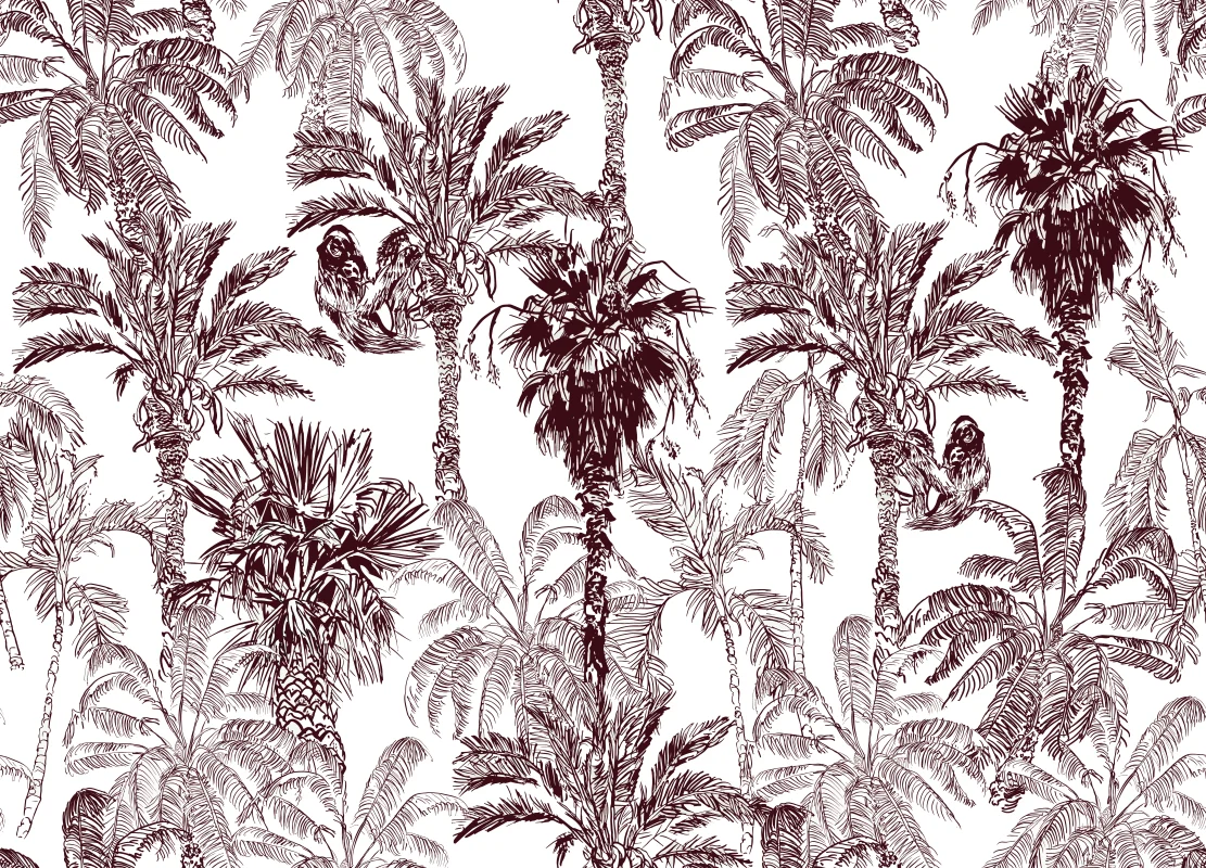 Tropical B&W Hand Drawn Palms And Sloths Custom Print Mural - DNA Wallpaper